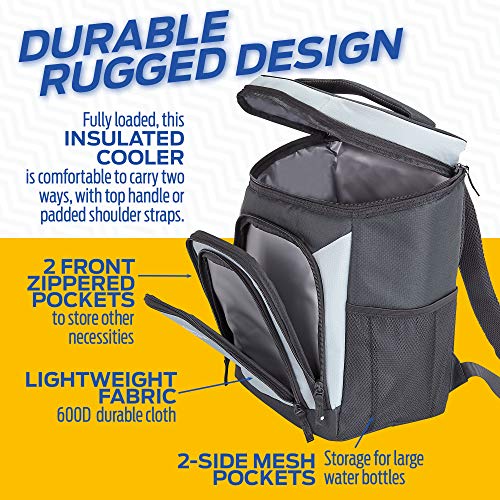 Grey Backpack Cooler Bag with Bottle Opener β Fully Insulated Thermal 16 Can Tote - Padded Back and Shoulder Strap - Front Zipper and Mesh Water Bottle Pockets β by Outrav