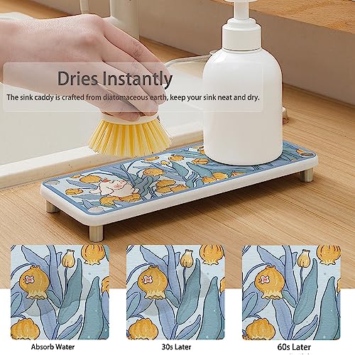 Jeeuear Sink Caddy Instant Dry Sink Organizer Kitchen Sink Organizer Bathroom Counter Organizer Sink Tray Sponge Soap Holder for Bottles Kitchen Decor Flower Pink