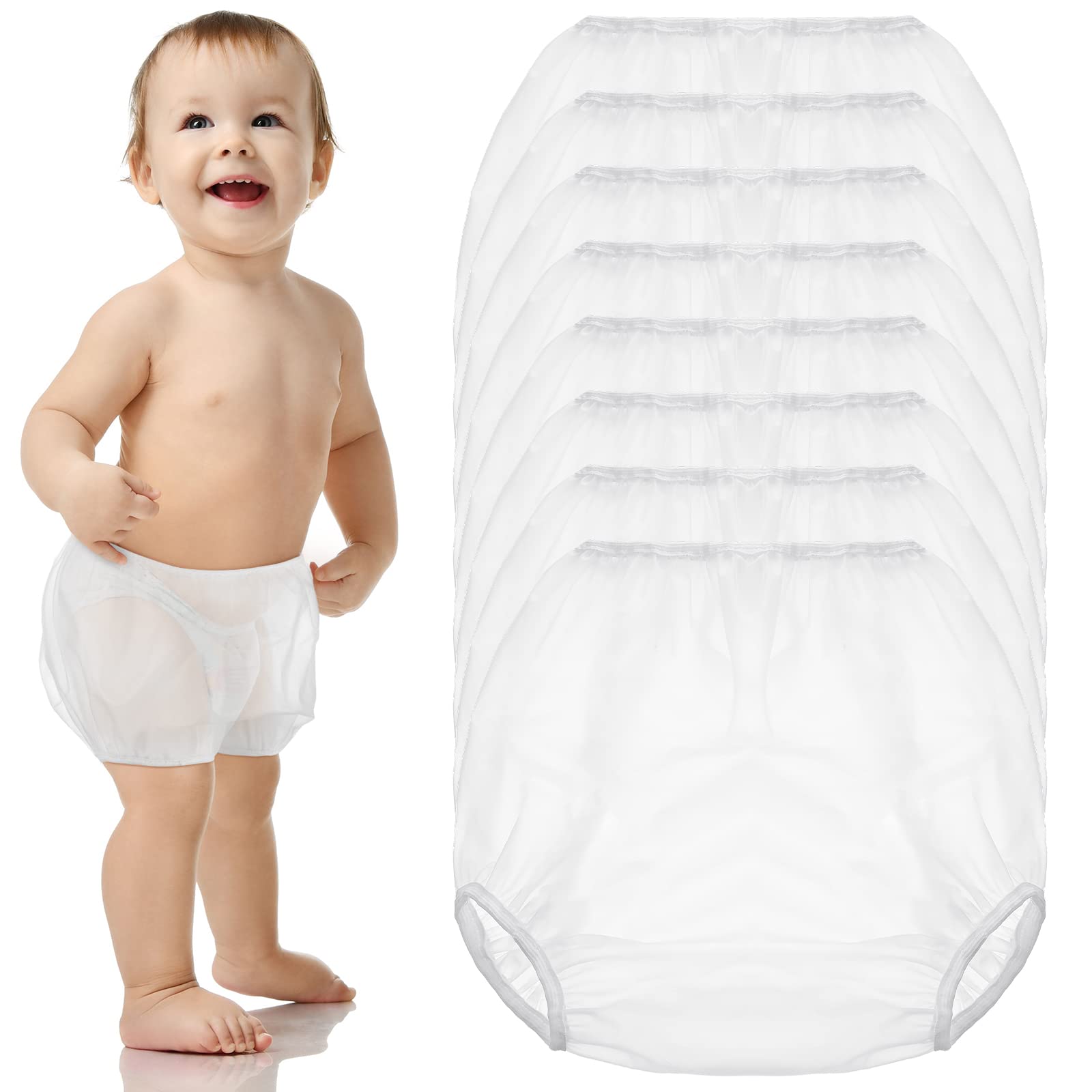 Funtery 8 Count Plastic Diaper Covers for Babies Toddlers Waterproof Training Pants Unisex Plastic Underwear Covers for Boys Girls Potty Training Newborn Swim, White, 2t-3t