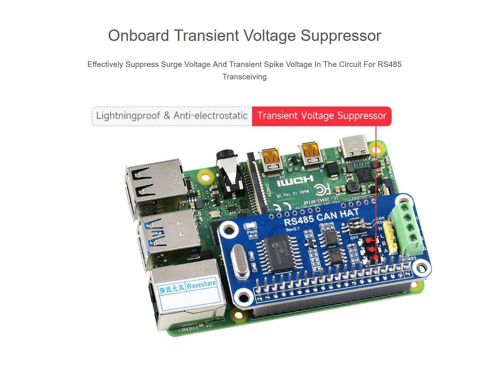 RS485 CAN HAT for Raspberry Pi 4 3/2/1 Model B B+ A+, Onboard CAN Controller MCP2515 via SPI Interface, Transceiver SN65HVD230 and SP3485, Allow Long-Distance Communication via RS485/CAN Function