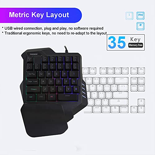 CHUYI One-Handed Ergonomic Gaming Keyboard RGB LED Backlit 35 Keys Portable Mini Professional Single Hand Wired Keypad for Game with Palm Rest (Black)
