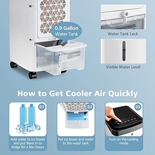 PETSITE Evaporative Air Cooler, Cold Air Cooling Fan with Remote Control, 4 Modes, 3 Speeds, 2 Ice Packs, 12H Timer, Portable Air Conditioner Windowless, Personal Swamp Cooler for Bedroom Home Dorm