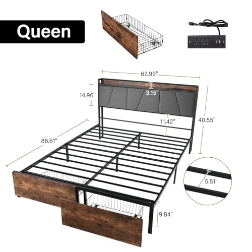 HOMBCK Queen Size Bed Frame with Charging Station, Queen Bed Frame with Storage Headboard, 2 Storage Drawers, Mattress Foundation with Strong Slats Support, No Box Spring Needed