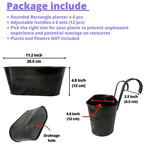 LaLaGreen Outdoor Rail Planter - 6 Pack, 11.2 Inch Black Metal Iron Hanging Flower Pots Deck Railings Fence Buckets Modern Countryside Boho Style Wall Mount Window Box Plant Holder Hooks Porch Decor