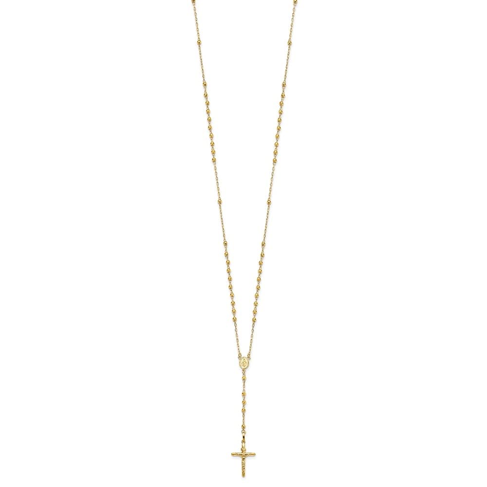 Diamond2Deal 14k Yellow Gold Diamond-cut 3mm Beaded Semi-solid Rosary Necklace Fine Jewelry Gift for Women