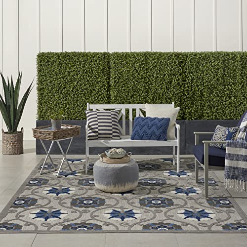 Nourison Aloha Indoor/Outdoor Grey/Blue 7'10" x 10'6" Area Rug, Easy Cleaning, Non Shedding, Bed Room, Living Room, Dining Room, Deck, Backyard, Patio (8x11)