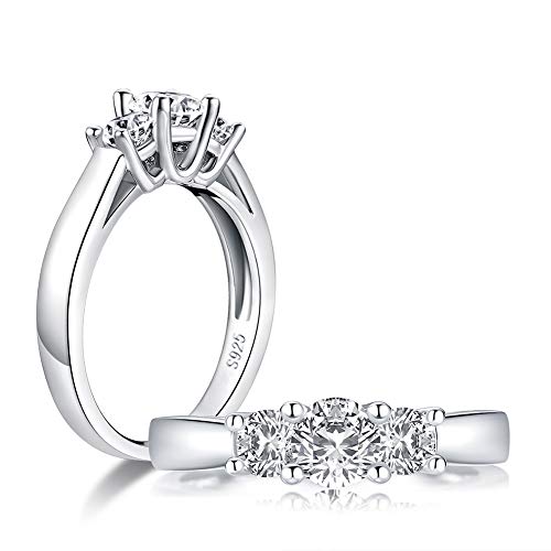 DYUNQ Three Stone Engagement Rings Round Cut Diamond Wedding Sterling Silver Cubic Zirconia CZ Ring 0.8 Carat, Valentine's Day Gift