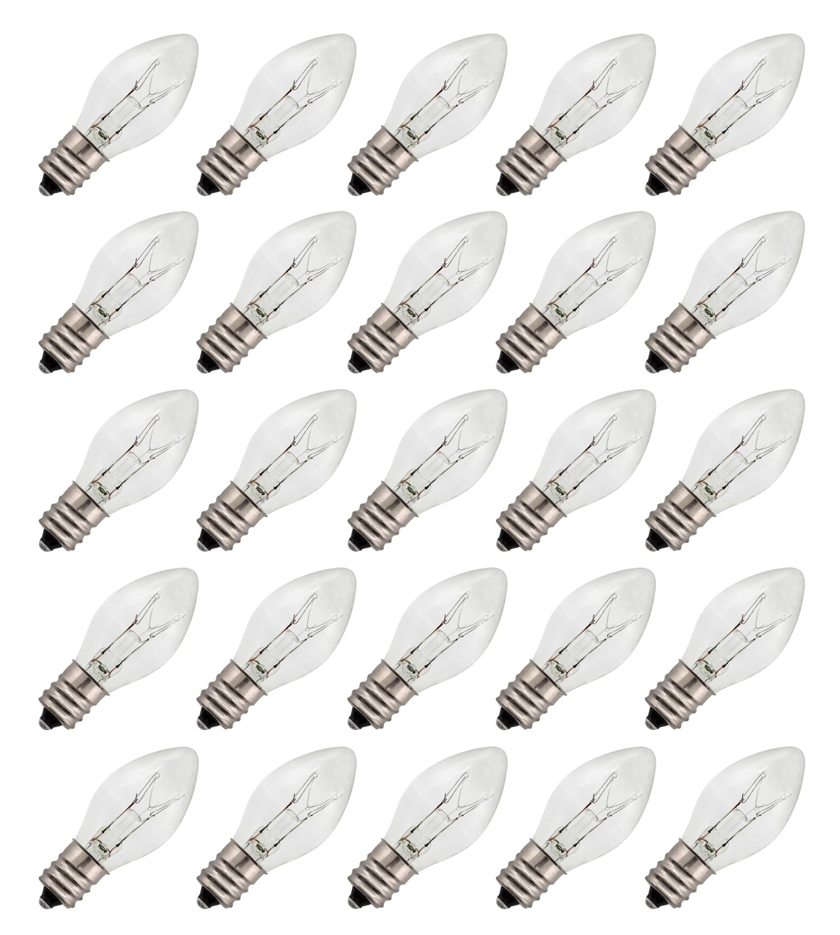 Creative Hobbies 3228x25-7 Watt, C7 Night Light, 40 Lumens, Long Life, Clear, E12 Candelabra Base, C7 Replacement Bulbs, Incandescent Light Bulb | 25 Pack