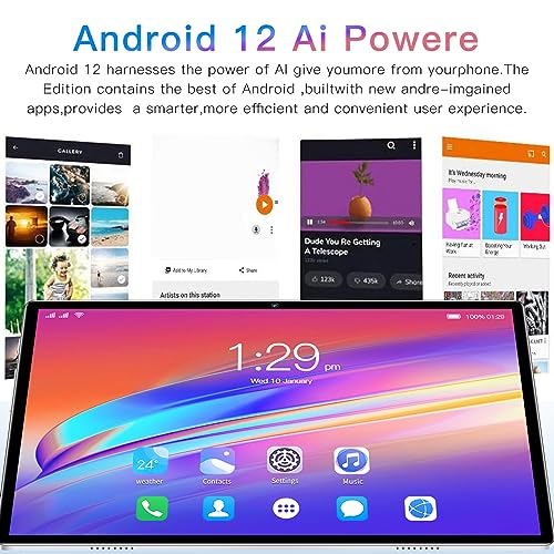 DAUZ 2 in 1 10.1 Inch Tablet, Tablet PC 8GB RAM 256 ROM 5.0 Blue 5G WiFi Front 8MP 100-240V for Android 12 for Work for Entertainment (US Plug)