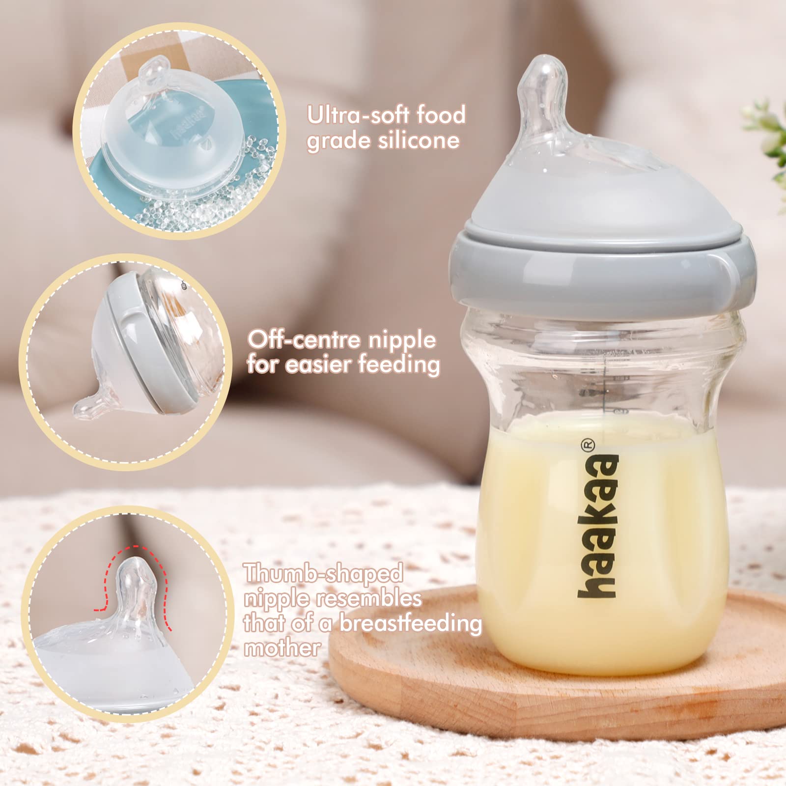 haakaa Manual Breast Pump 4oz/100ml and Glass Baby Bottle 6.3oz/180ml with Anti-Colic Body for Baby Feeding (Variable Flow Nipple, 6m+, Grey)