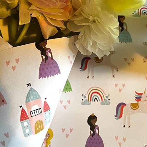 Princesses and Unicorns Girl Birthday Gift Wrap by Revel—Princess Wrapping Paper Folded flat, 27 x 39 inches