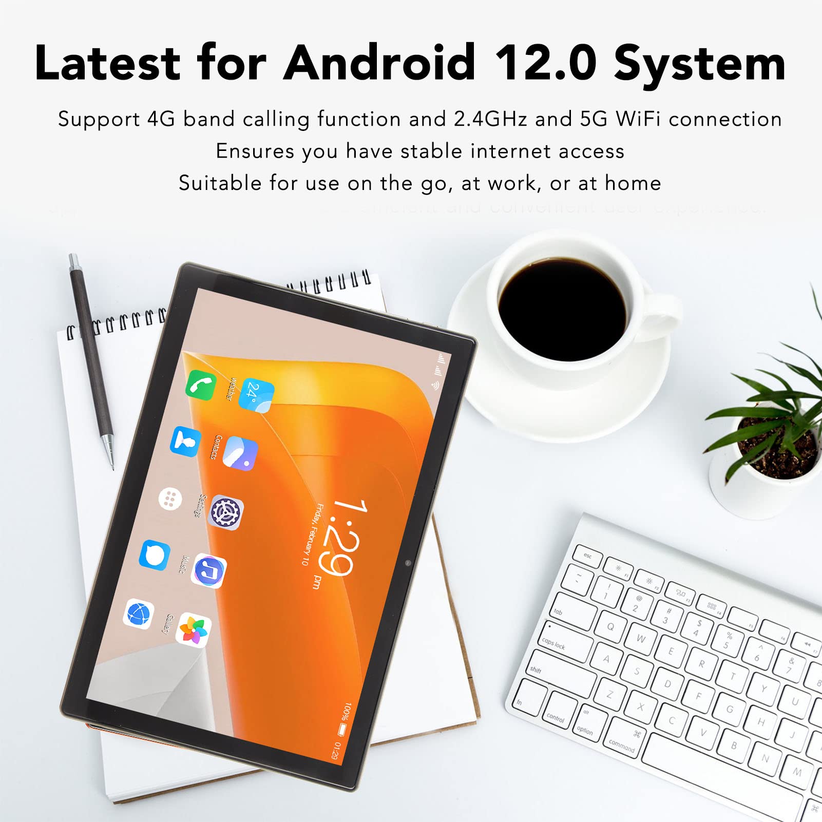 DAUZ 2 in 1 Portable Tablet, 5G WiFi 10.1 Inch Tablet Octa Core CPU 100‑240V Gold for Android 12 for Travel (US Plug)