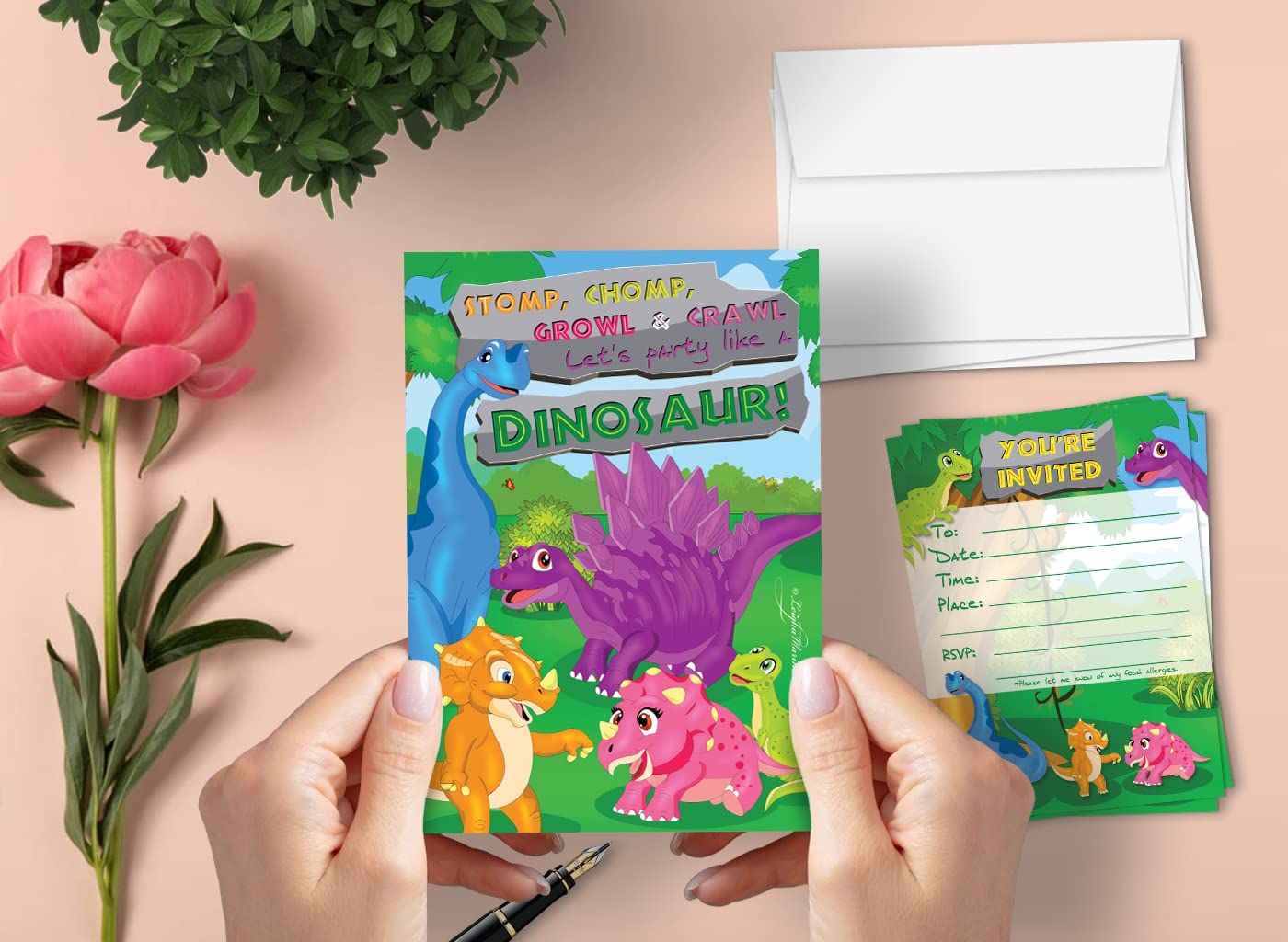 Leigha Marina Dinosaurs Party Invitation Cards for Kids, 20 Invites & 20 Envelopes - Fill in the Blank Greeting Notes - Multi-Use, Birthday, Themed Celebration