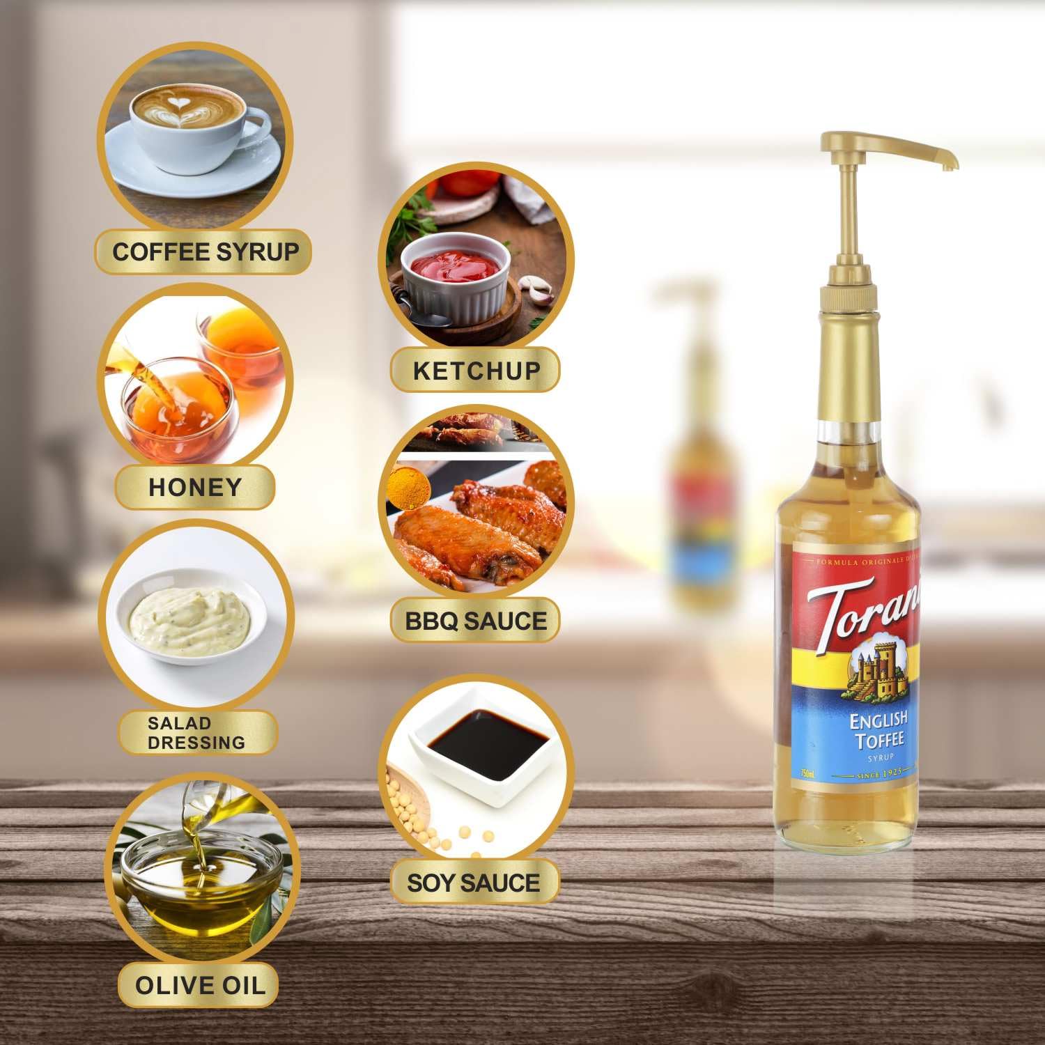 Kinfira 6 Pcs Coffee Syrup Pump Dispenser - Premium Skinny Syrup Pumps Fit for 25.4oz Torani Davinci Syrup Bottles (Gold)