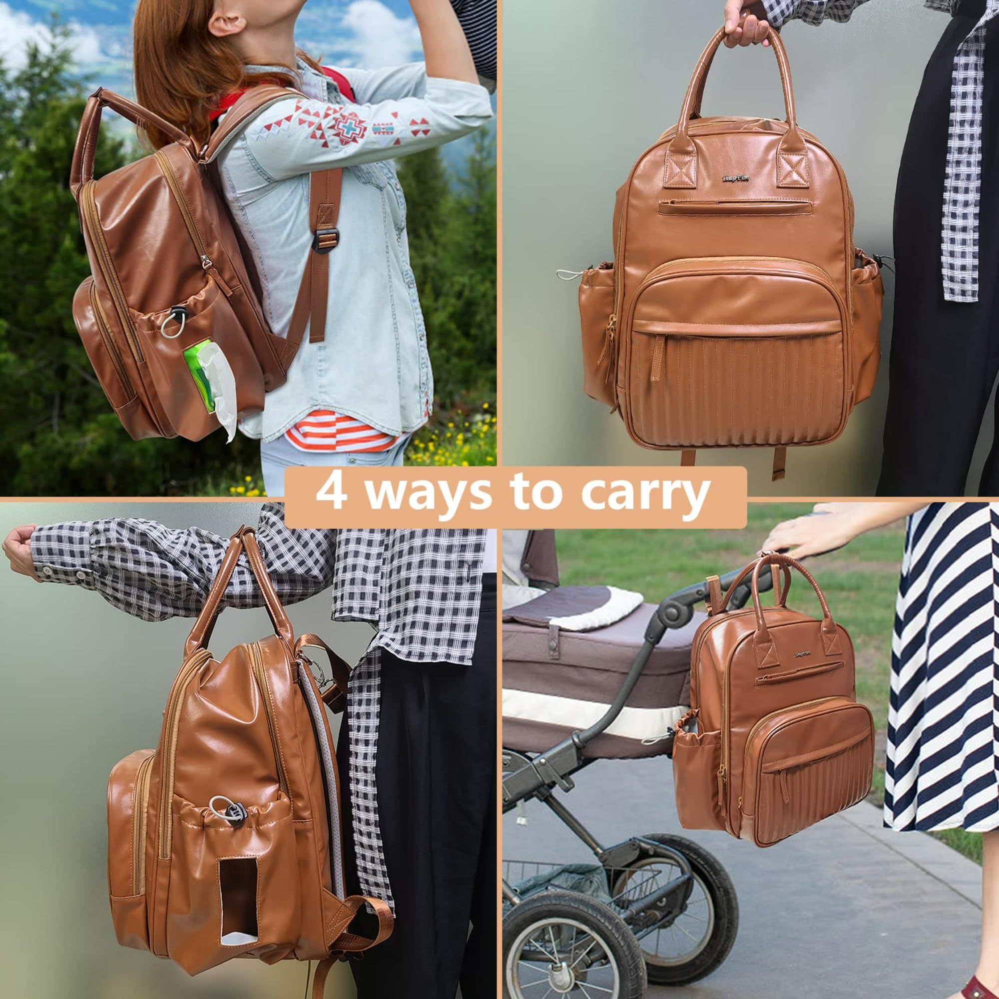 Hap Tim Diaper Bag Backpack, Leather Baby Bag with Changing Pad,19 Pockets, 2 Clear Makeup Bags, 2 Stroller Clips, Baby Registry Search, Brown(K2252-BR)