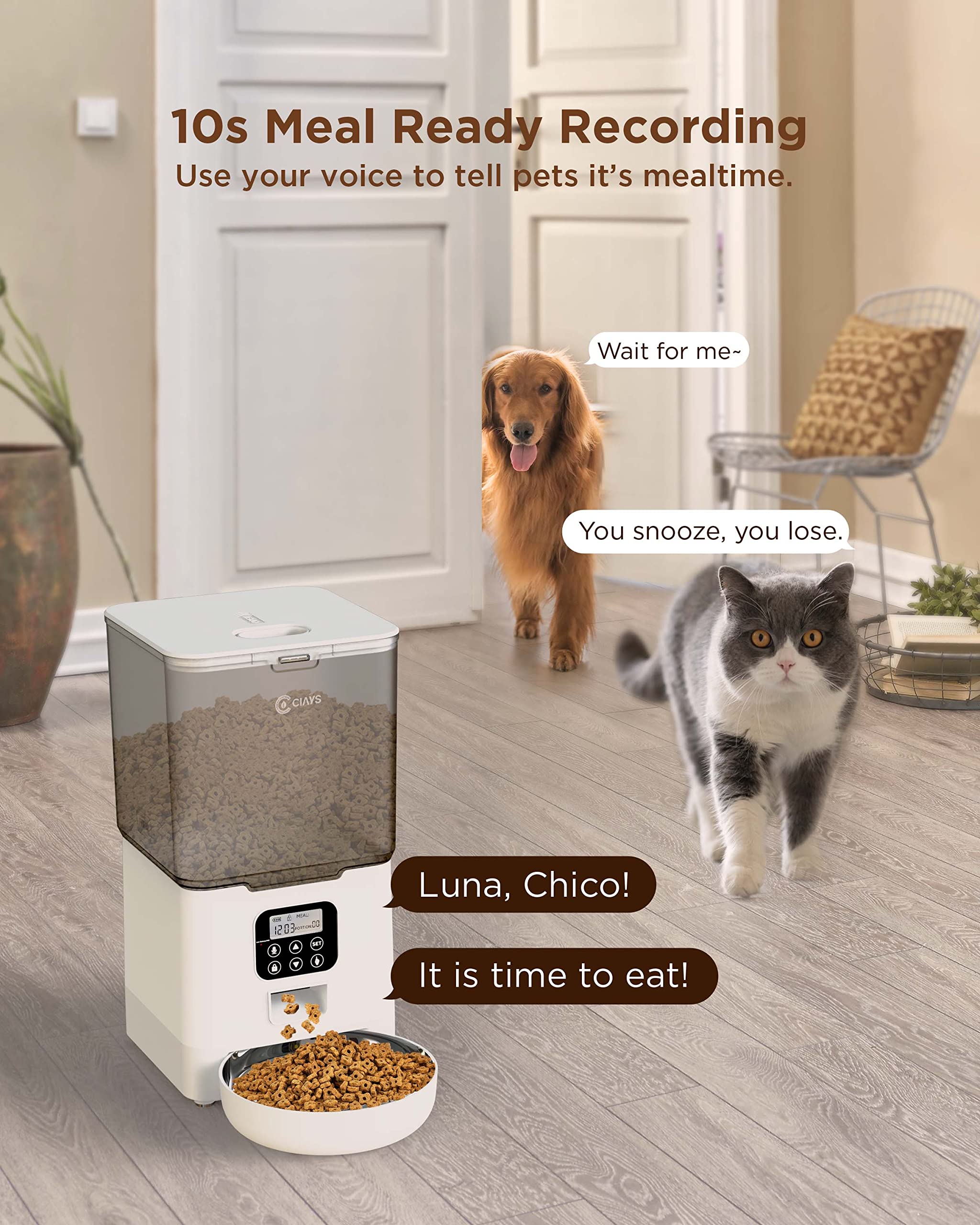 Ciays Automatic Cat Feeder, 5.6L, Control 4 Meals Per Day, Pet Dry Food Dispenser, Dual Power Supply & Voice Recorder, White