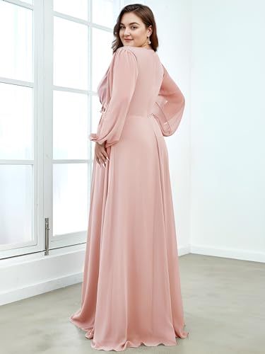 Ever-Pretty Plus Women's Maxi Deep V Neck Long Sleeves Formal Evening Dress Plus Size Pink US14