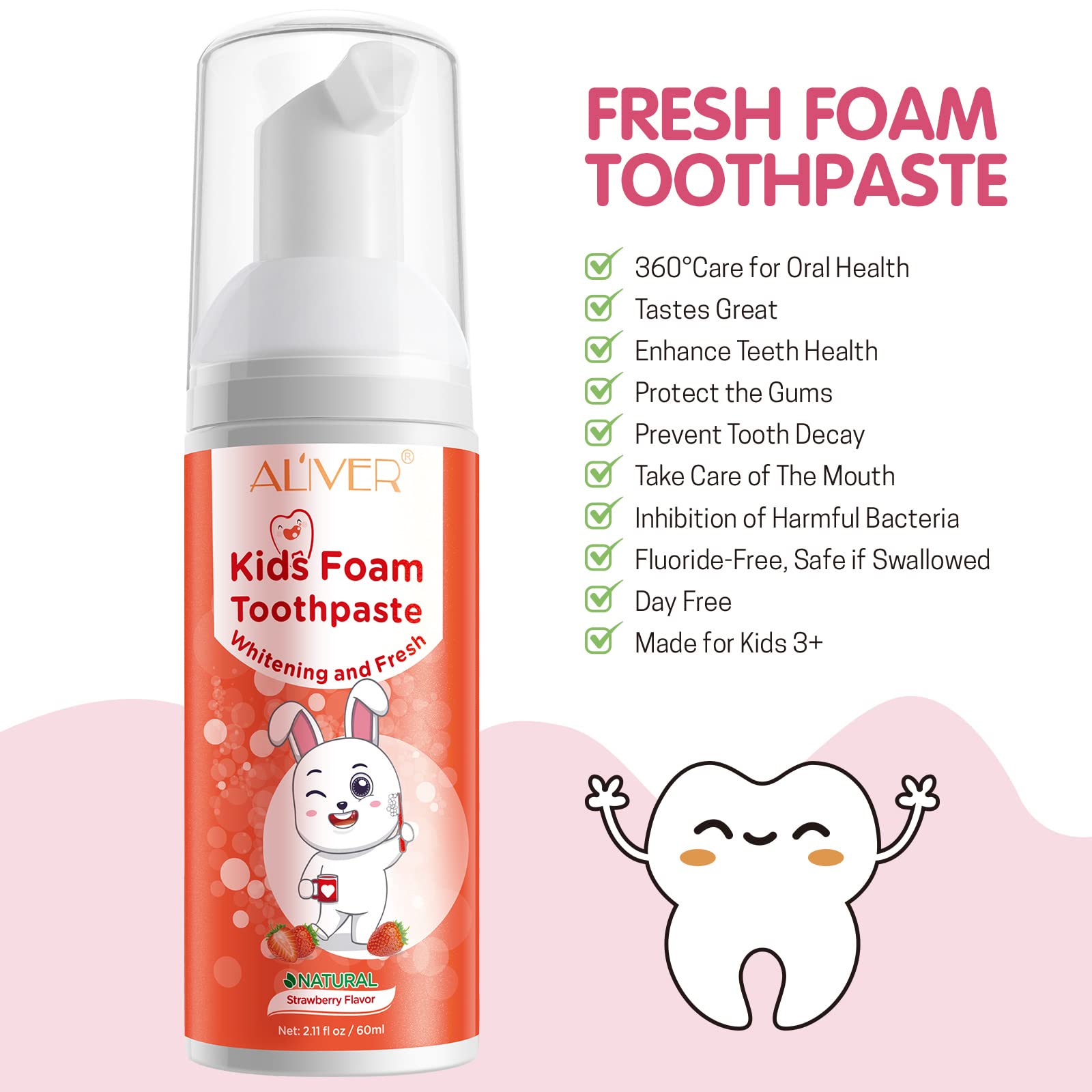 Foam Toothpaste Kids - 2 Pack Childrens Toothpaste with Low Fluoride Toddler Toothpaste for Electric Toothbrush Foaming Toothpaste Kids for Toddler's Oral Cleaning and Cavity Prevention(Strawberry)