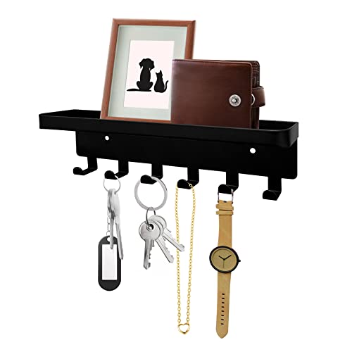 GTK Key Holder with Tray and 6 Hooks for Hallway, Key Rack with Shelf for Mail StorageĀ (Black)