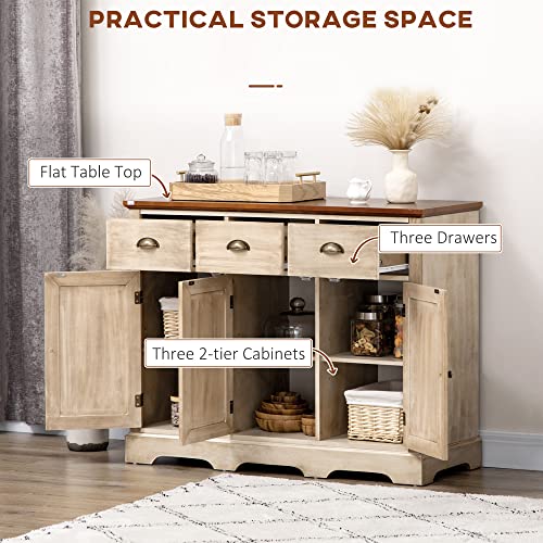 HOMCOM Sideboard Buffet Cabinet with Storage Drawers, Adjustable Shelves, Kitchen Cabinet, Coffee Bar Cabinet, Distressed Natural