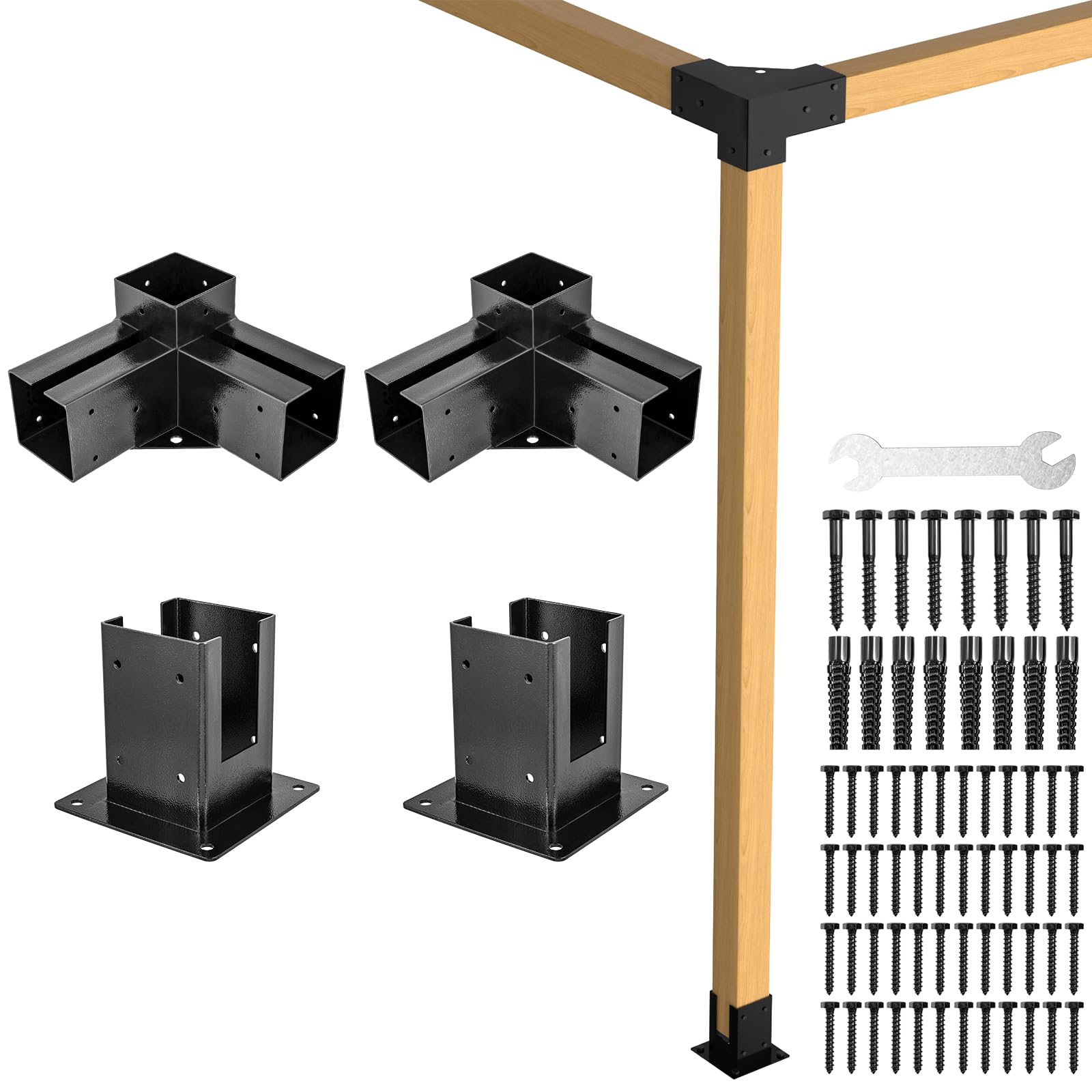 Glossy Black 3-Way Woodwork DIY Pergola Brackets Kit, Elevated Wood Stand Kit with Powder-Coated Steel, Include Extension Brackets & Post Base Brackets| Modular Pergola Kit for 4x4 Wood Post(1 Pair)