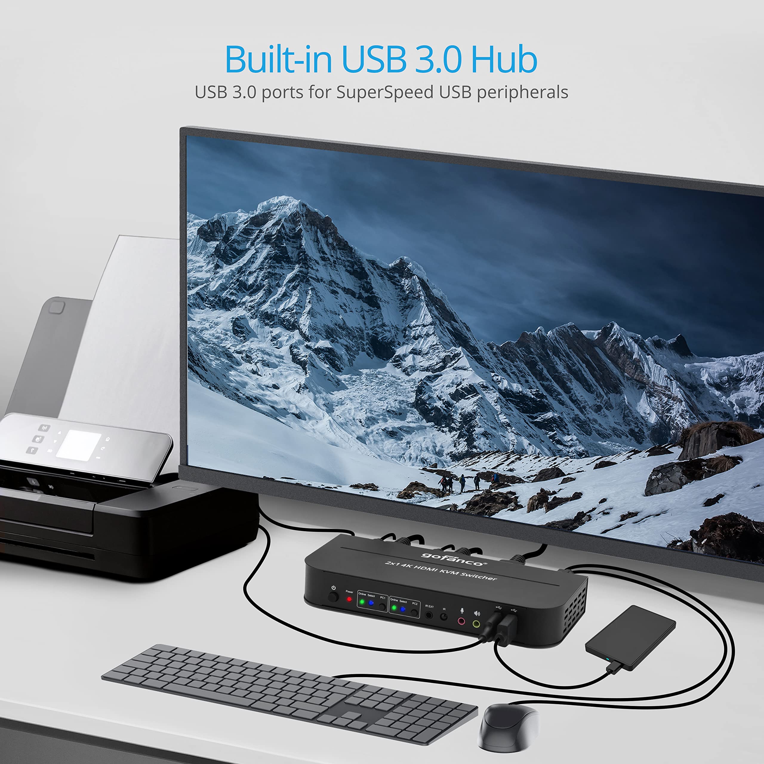 gofanco 4 Port HDMI KVM Switch with USB 3.0 – 4K @60Hz 4:4:4, 18Gbps, HDR, 3D, HDCP 2.2/1.4, USB Keyboard/Mouse, USB 3.0 Hub, MIC in, Stereo Out, IR Remote, Hotkeys (KVMHD2-4P)