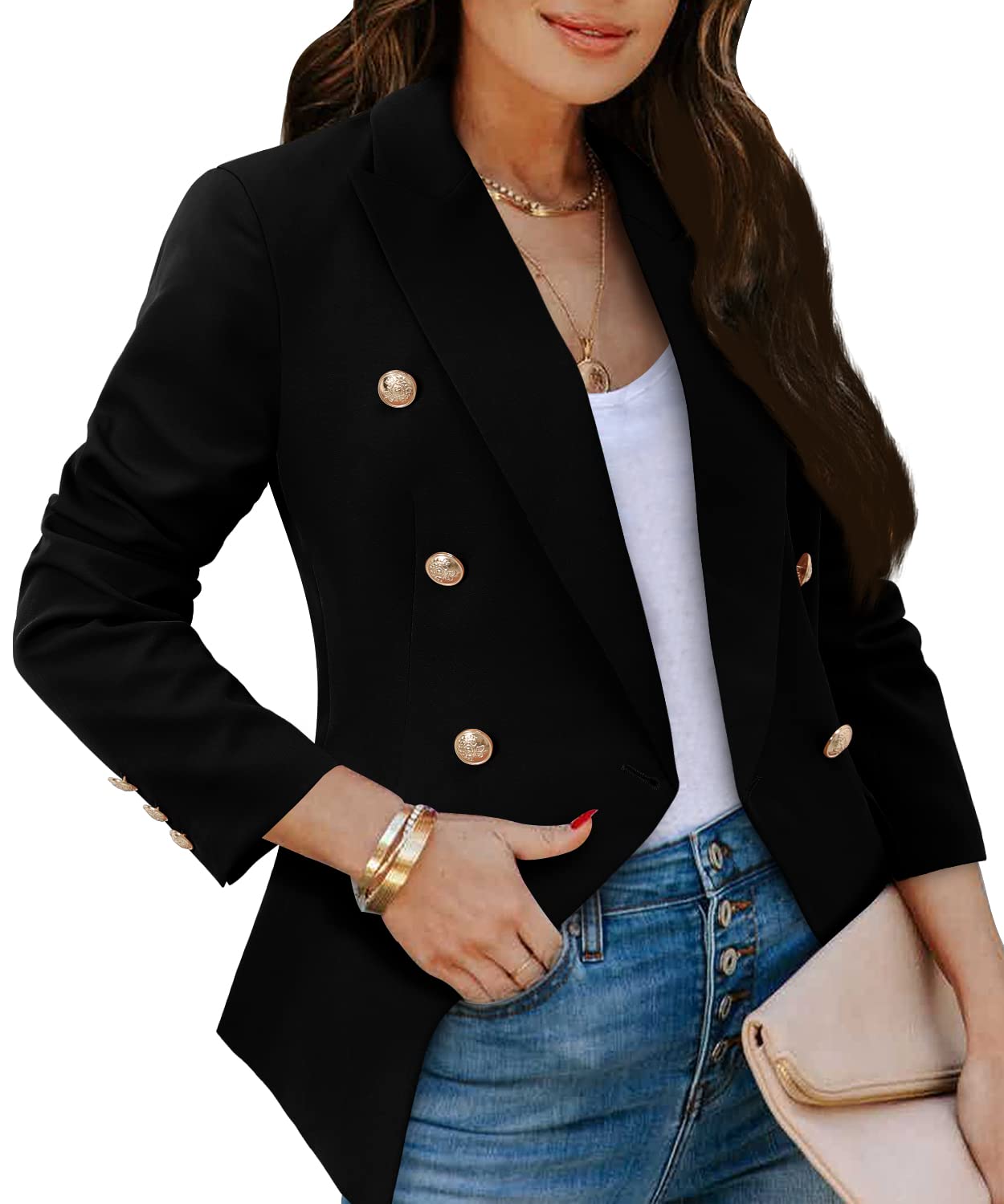 CRAZY GRID Womens Double Breasted Blazer Jackets Open Front Business Casual Suit Jacket Lapel Gold Button Long Sleeve Dressy Blazer Ladies Work Office Blazer Plus Size Black XX-Large