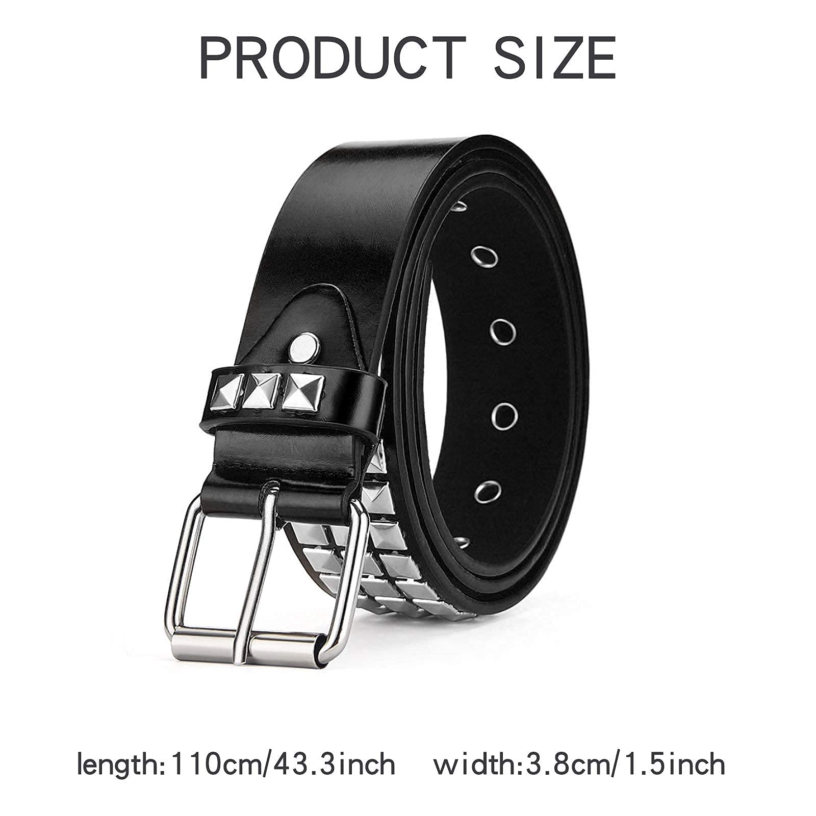 FOCAST Black Studded Belt Punk Rock Rivet Belt Grommet Threads Belt with Bright Metal Pyramid for Women Men (Black, Fit Pant (Black, Fit Pant 27-32 inch)