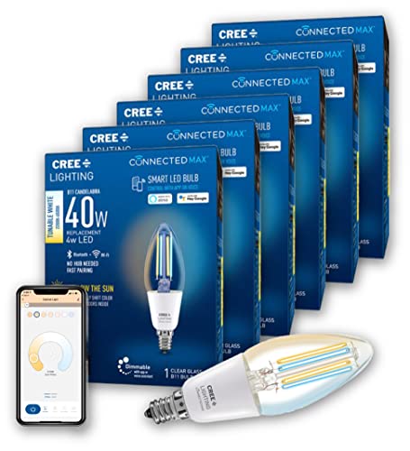 Cree Lighting Connected Max Smart Led Vintage Glass Filament Bulb B11 Candelabra 40W Tunable White, 2.4 Ghz, Compatible with Alexa and Google Home, No Hub Required, Bluetooth + WiFi, 6Pk, Clear