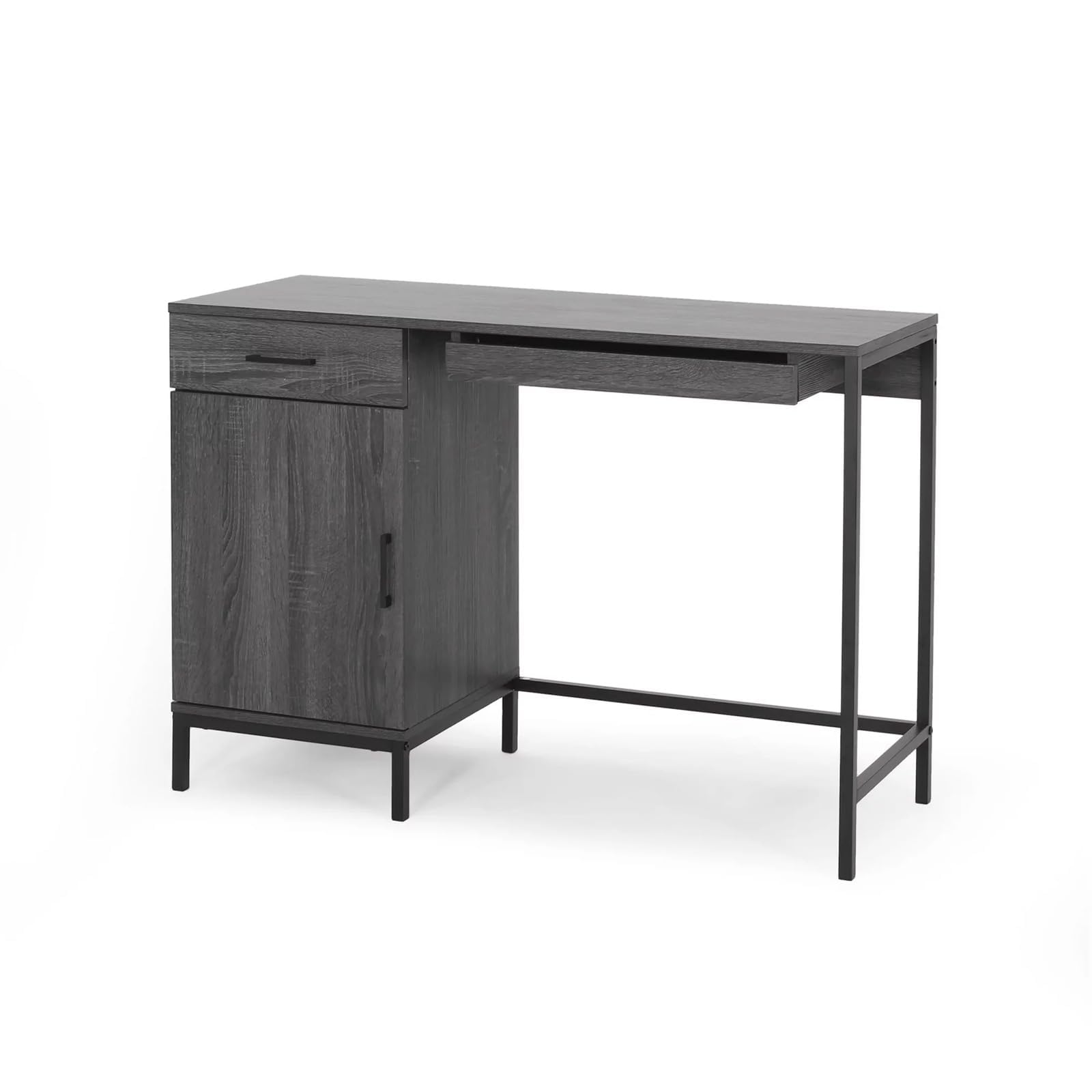 Contemporary Dark Gray Faux Wood Computer Desk: Sleek Design with Storage Cabinet and Drawers.