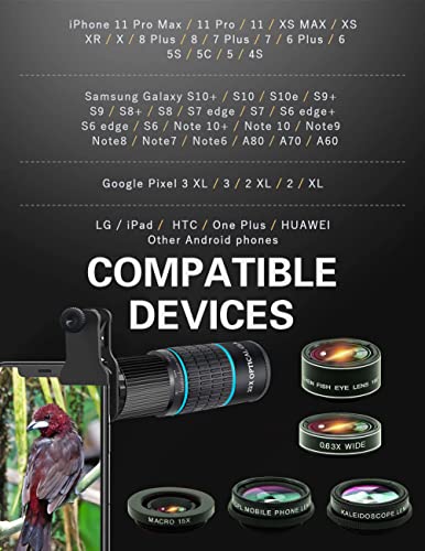 Phone Camera Lens Kit 10 in 1 for iPhone Samsung Pixel Android, 22X Telephoto Lens, 0.63Wide Angle Lens&15X Macro Lens, 198° Fisheye Lens,Kaleidoscopes, CPL+Tripod,for Most Smartphone