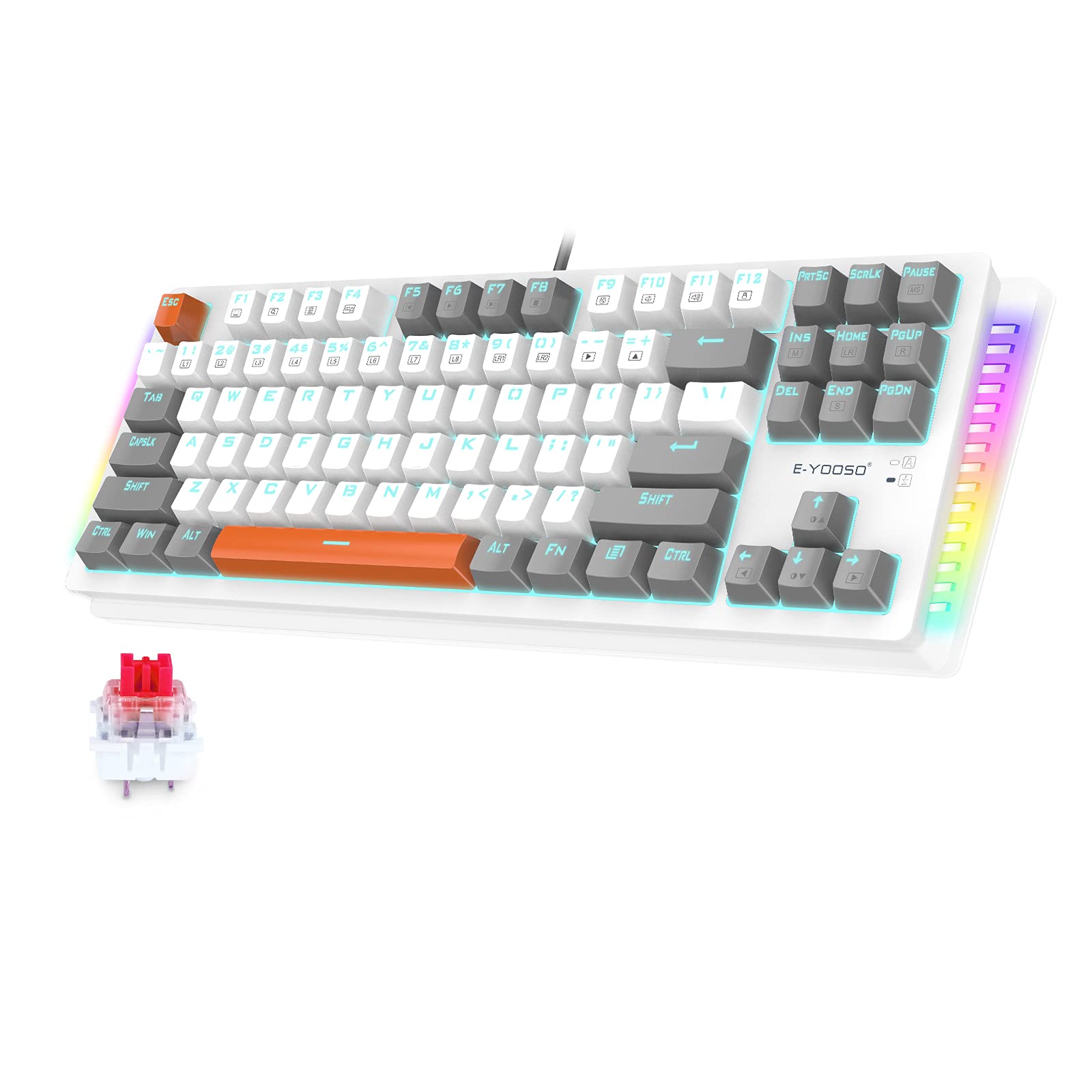 E-YOOSO Mechanical Gaming Keyboard, Wired 75% Mechanical Keyboard with Red Switches, 87 Keys Gaming Keyboard with Solid Color Backlit & RGB LED Sidelight for Windows Mac PC Gaming