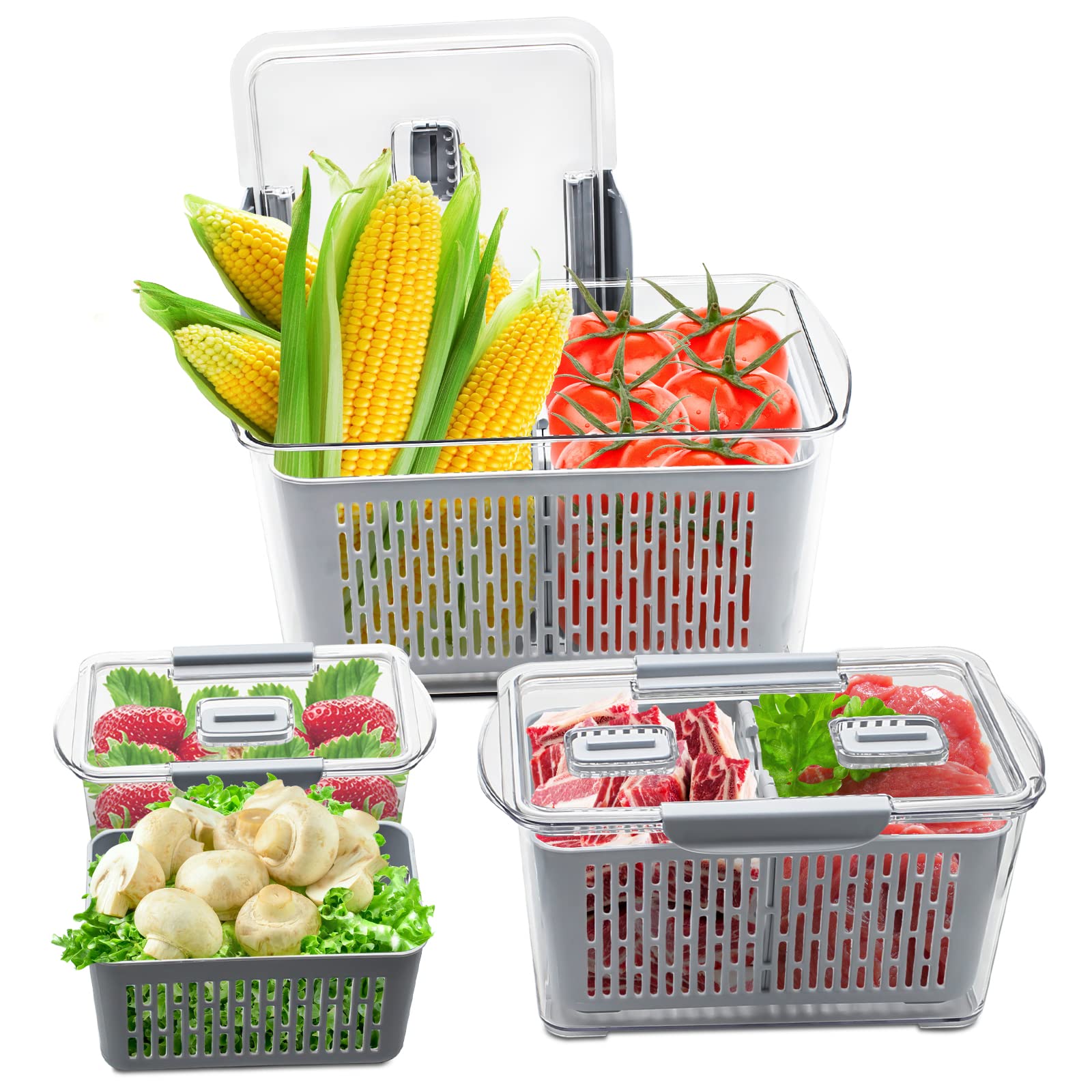 Fistone Fresh Produce Fruit Vegetable Storage Containers 3Piece Set, BPA-Free Fridge Storage Container with Lid & Colander, Fridge Organizers, Keep Fresh for Produce,Fruit and Vegetable