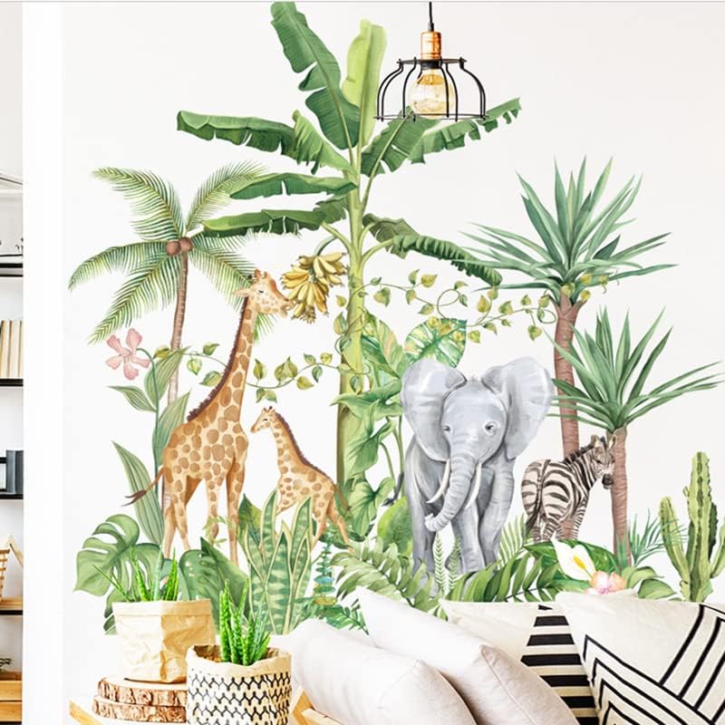 HappyPeach Tropical Rainforest Animals Plants Wall Stickers Jungle Safari Animal Elephant Giraffes Zebras Panda Wallpaper Decor Peel