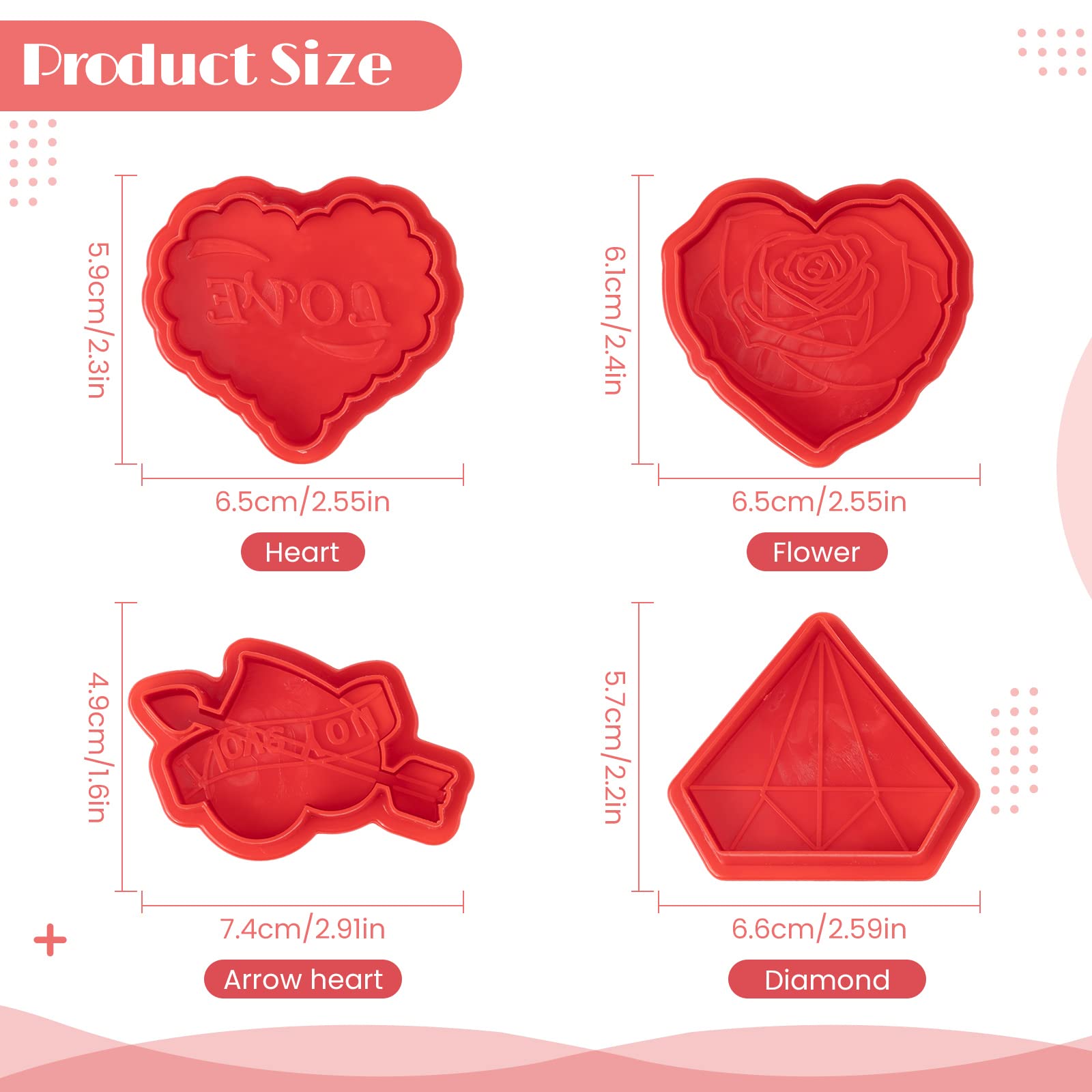 FVVMEED 4 Pieces Valentine's Day Love Couple Rose Diamond Biscuit Cutters Cookie Stamps Plunger Cutter Fondant Molds Embossing Spring Mold Press Cupcake Gum Paste Sugar Craft Decorating Baking Tool