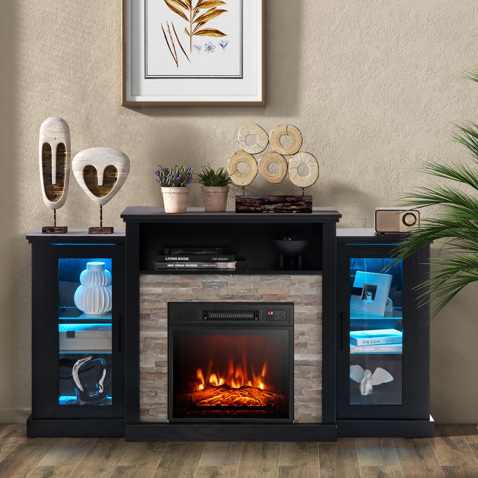 GOFLAME Fireplace TV Stand with LED Lights for TV up to 65β, Entertainment Center with 18β Electric Fireplace, Remote & APP Control, TV Console with Adjustable Glass Shelves (Black)