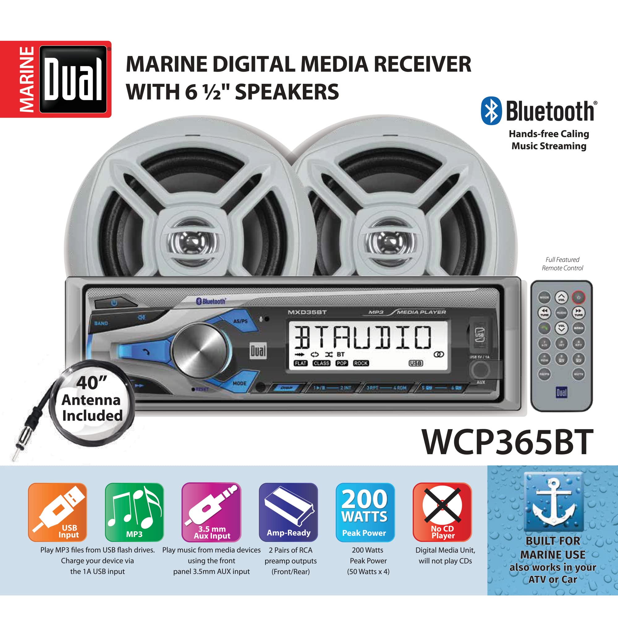 Dual Electronics WCP365BT Marine Single DIN Stereo Receiver with AM/FM Tuner, Built-in Bluetooth, USB Port, Two 6.5 inch Dual Cone Marine Speakers & Marine Antenna Combo