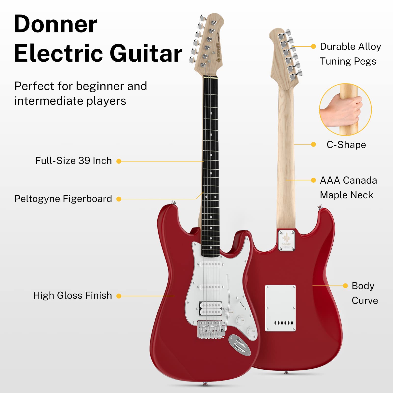 Donner DST-100R 39 Inch Electric Guitar Beginner Kit Solid Body Full Size Red HSS Pick Up for Starter & Donner Guitar Cable 10 ft 2 Pack