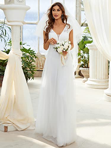 Ever-Pretty Women's Cap Sleeve Lace A-line V-Neck Long Evening Dress for Wedding Party White US8
