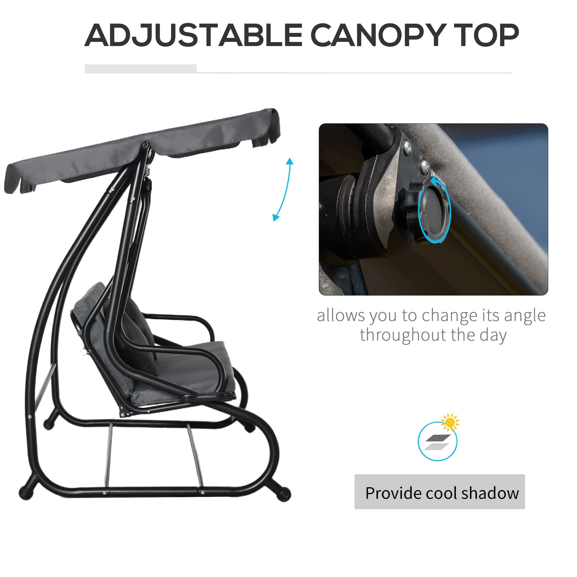 Outsunny 3-Seat Outdoor Patio Swing Chair, Converting Flatbed, Outdoor Swing Glider with Adjustable Canopy, Removable Cushion and Pillows, for Porch, Garden, Poolside, Backyard, Gray