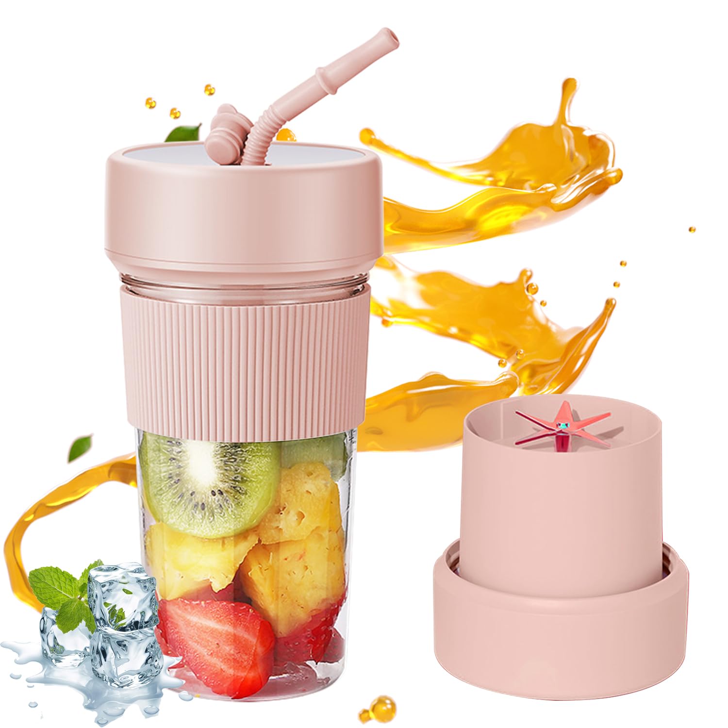 Mini Portable Blender Cup and Travel Lid,11.83 OZ BPA-Free Personal Blender,With USB Charging, Type-c Charging Port,Makes Smoothies and Shakes Creamy, Fruit Juicer for Kitchen, Travel, Gym-pink