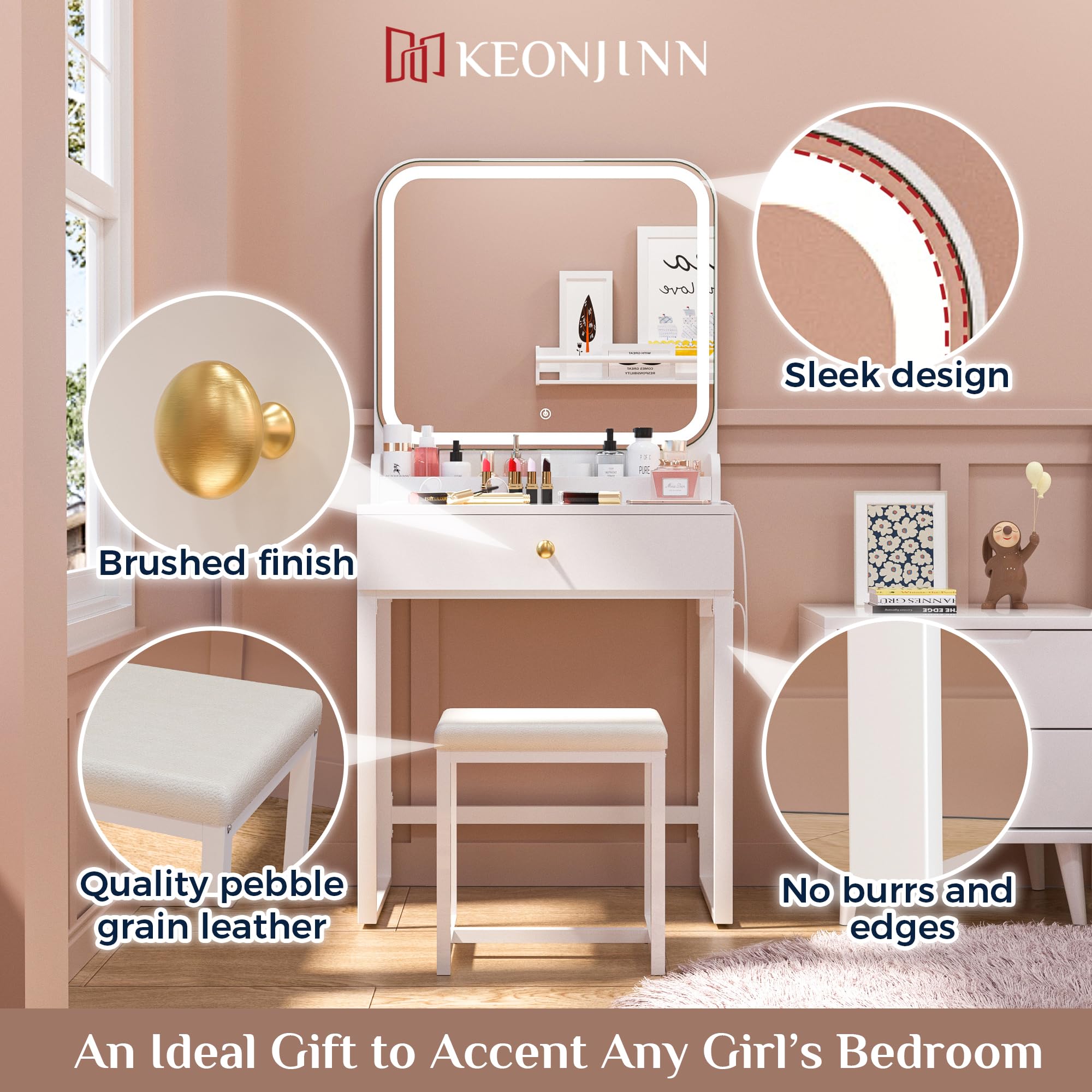 Keonjinn White Vanity Mirror with Lights, LED Makeup Vanity Desk with Large Drawer & 2 Makeup Trays & Chair, 7000 Lux Vanity Table with Lighted Mirror & Power Outlet, CRI>90 Vanity Set for Bathroom