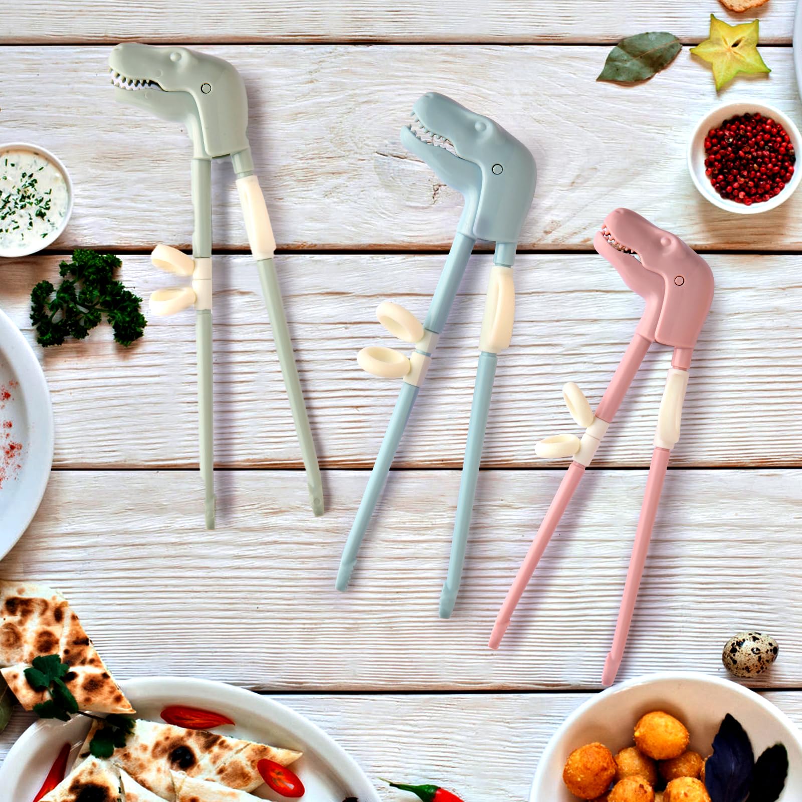 Kids Training Chopsticks, ChaLeeMOO Reusable Dinosaur Trainer Chopsticks Helper Set, Cute T-Rex Kids Utensils, Both for Right-handed and Left-handed Also Great for Adults to Use, 3 Pairs BPA Free