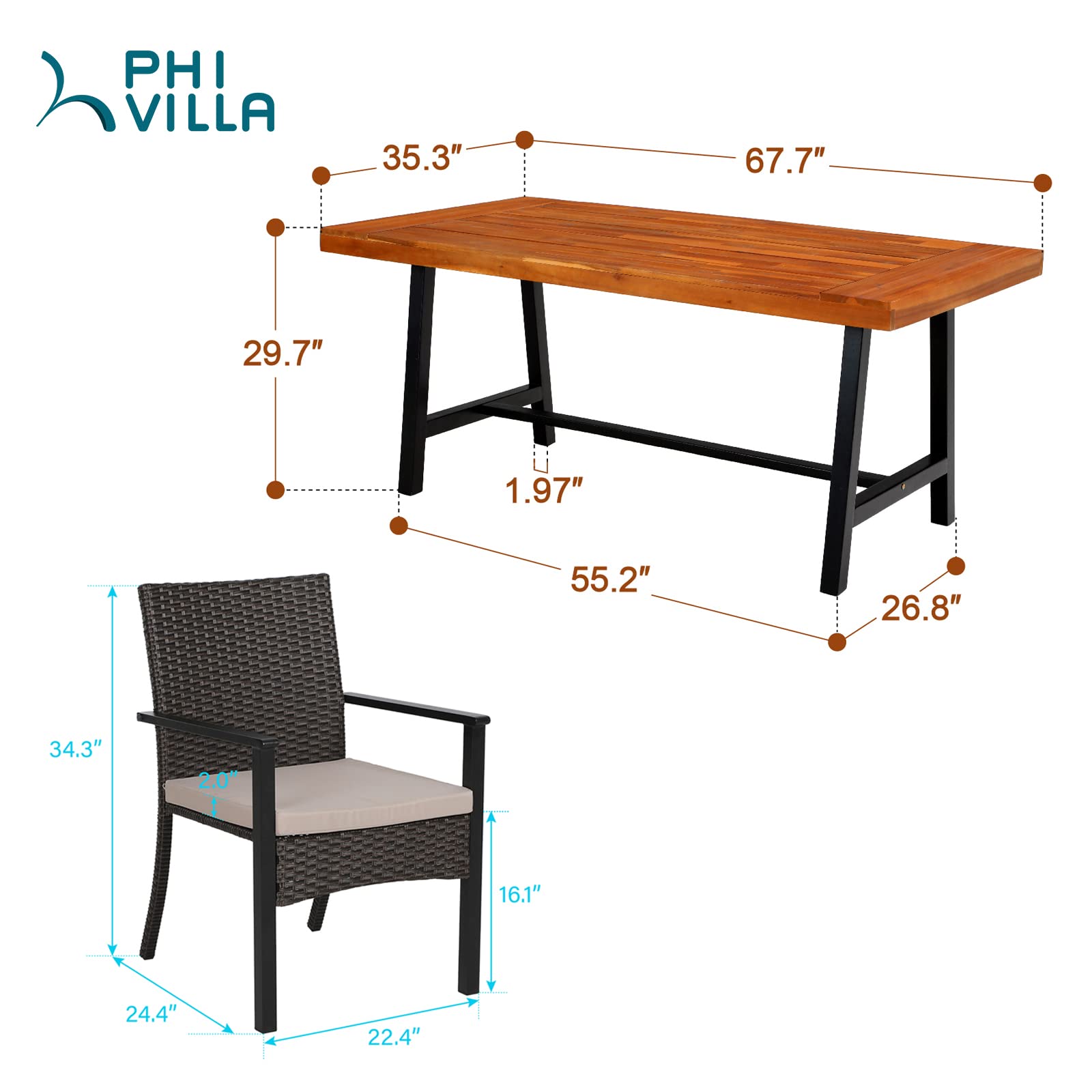 PHI VILLA 7 Piece Outdoor Dining Set for 6, 1 Acacia Wood Table & 6 Cushioned Wicker Chairs, Outdoor Dining Furniture Set for Patio,Deck, Yard, Porch