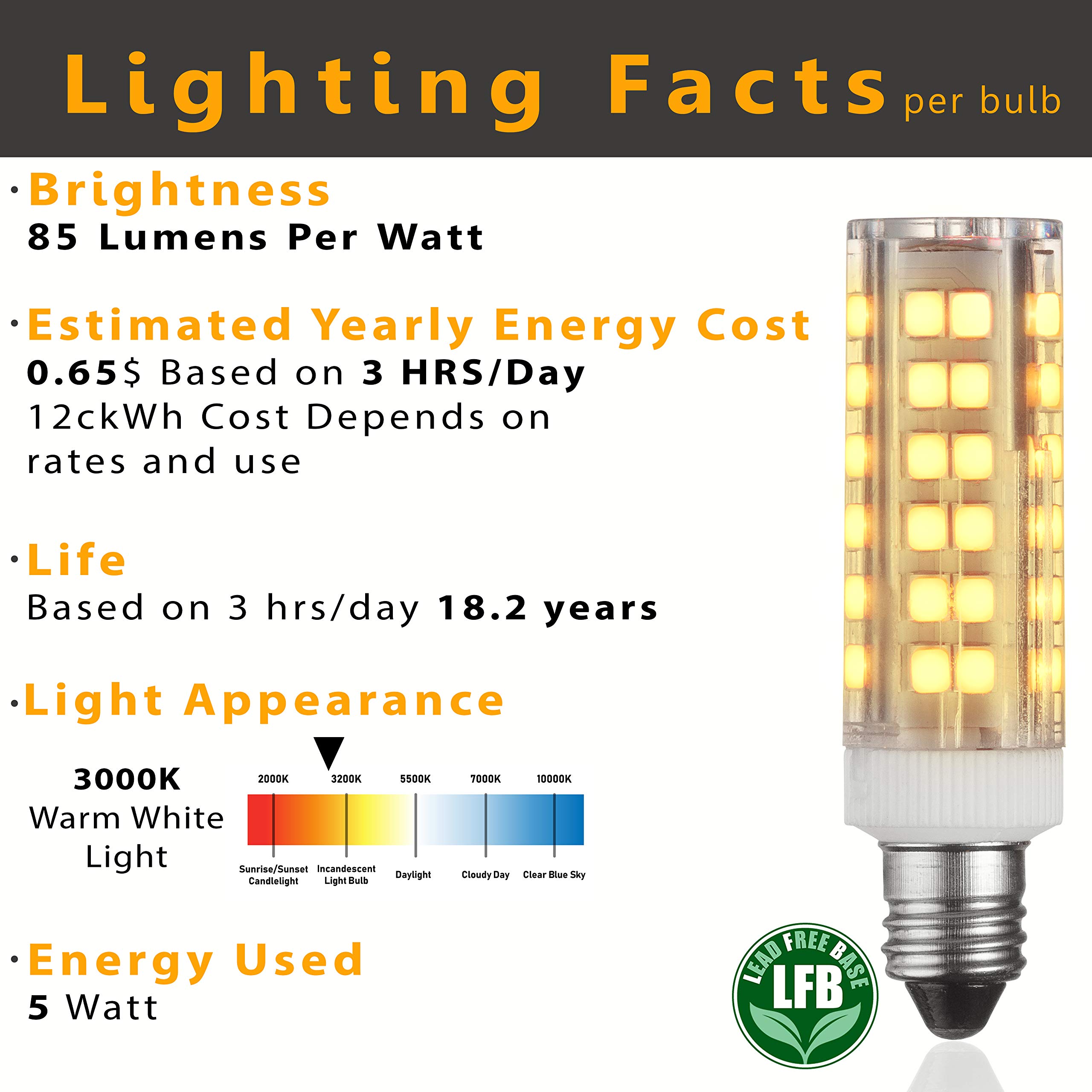 E11 LED Bulbs – 5W - 50W Halogen Replacement - Dimmable - Mini-Candelabra Base Light Bulb - Replaces T4 /T3 JDE11 - Warm White 3000K - for Ceiling Fans, Cabinet Lighting, Sconce & More- 6 Pack