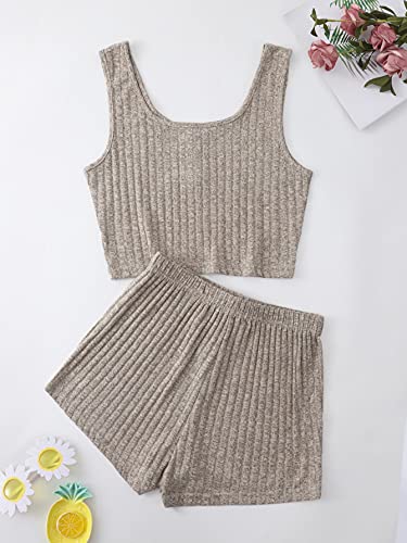 SheIn Women's 2 Piece Sleeveless Button Crop Tank Tops and Shorts Lounge Set Khaki Medium