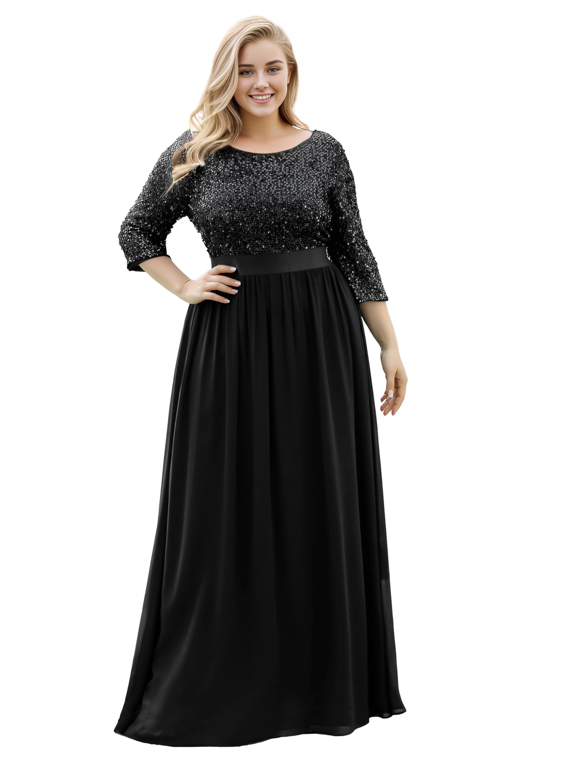 Ever-Pretty Women's Round Neck Maxi Dresses Sequin Plus Size Formal Dresses for Women Black US24