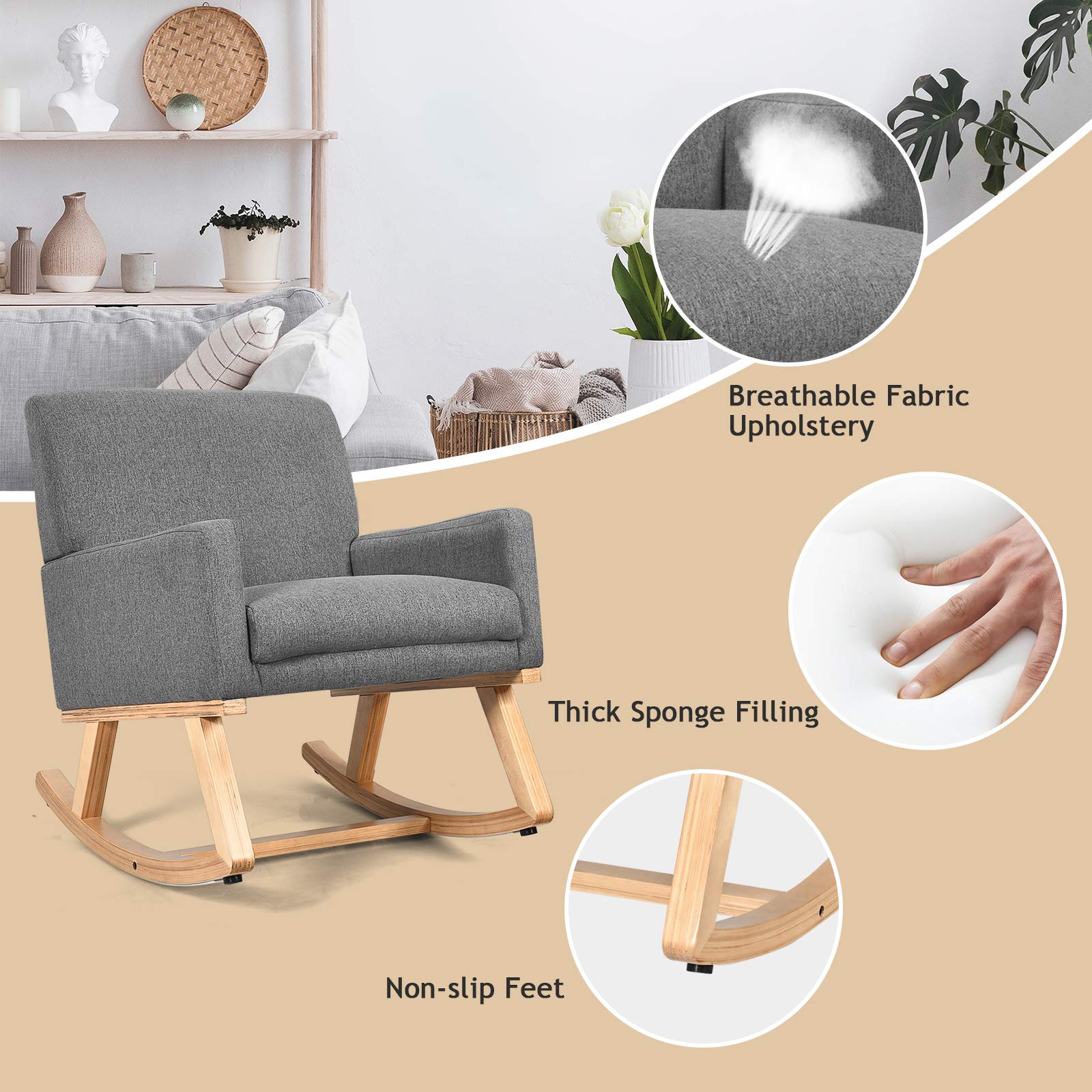 POWERSTONE Upholstered Rocking Glider Nursery Mid Century Accent Lounge Arm Chairs for Small Spaces Bedroom Living Room (Beige)