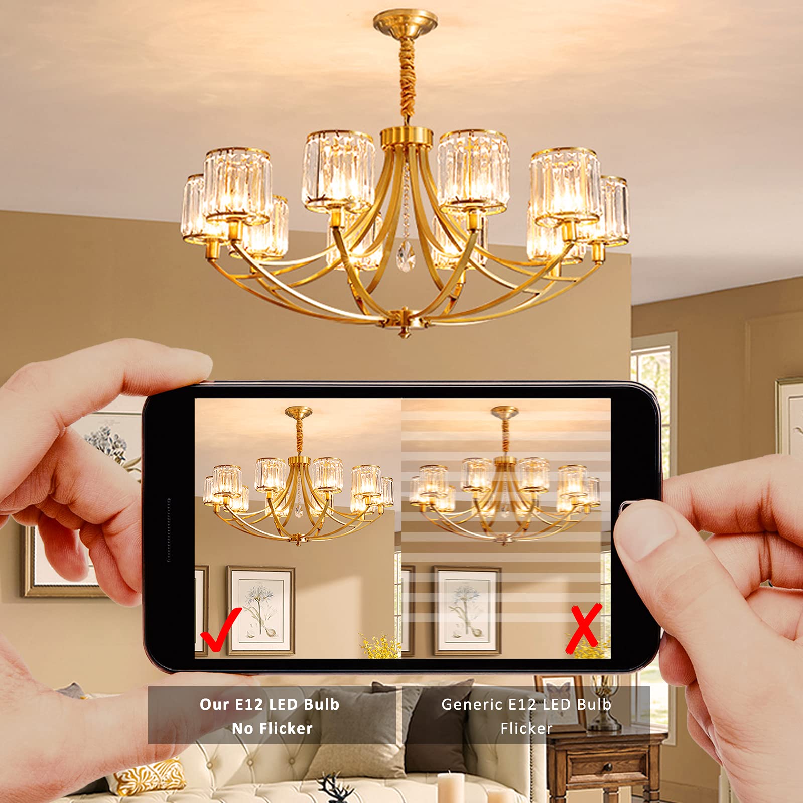 E12 LED Filament Candelabra Light Bulbs 60W Equivalent, Ceiling Fan Light Bulbs Warm White 2700K, B11 E12 Small Base Clear LED Candle Bulbs, Flicker Free, Not Dimmable, 400LM, 6 Pack