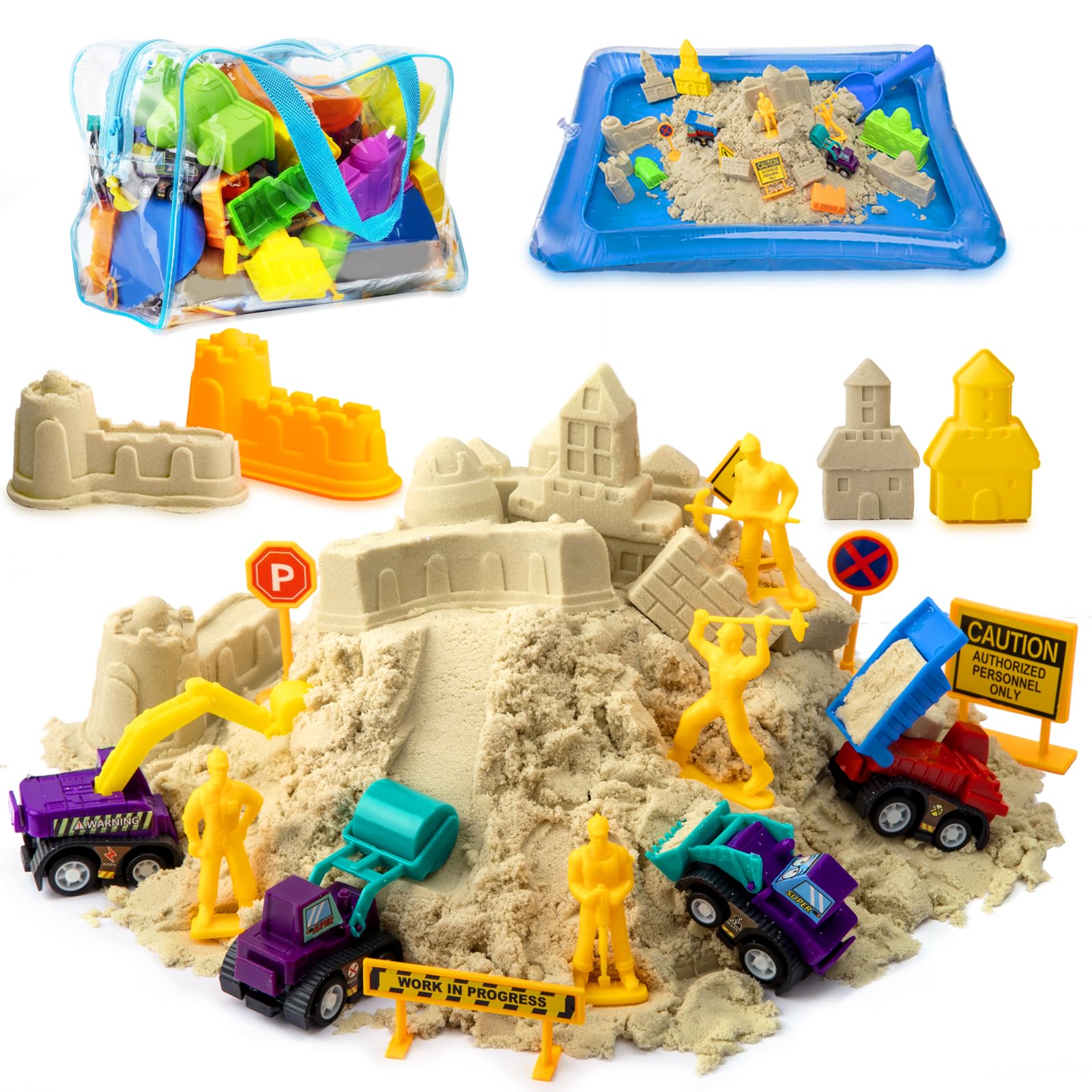Play Sand for Kids, 3lbs Magic Sand, Building Castle Sand Molds Tools, Construction Trucks, Construction Toys and Signs, Sand Tray and Storage Bag, 43PCS Sandbox Toys Set for Toddlers Kids Boys Grils